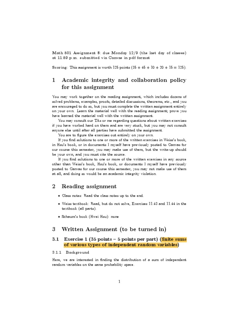 1 Academic Integrity and Collaboration Policy For This Assignment | PDF | Random Variable ...
