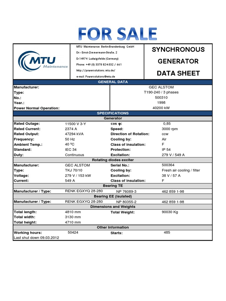 Synchronous Generator: Data Sheet | PDF | Electric Generator ...