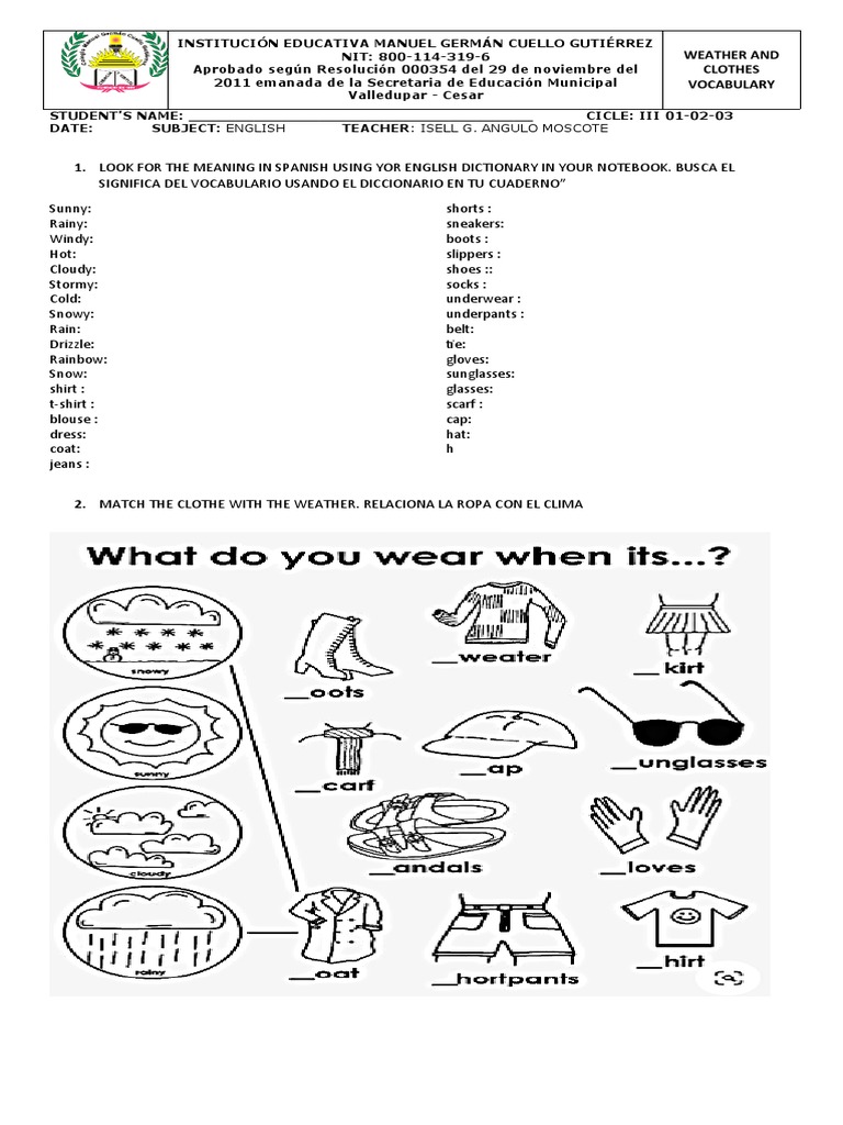 Ejercicios de clima y ropa en inglés | PDF