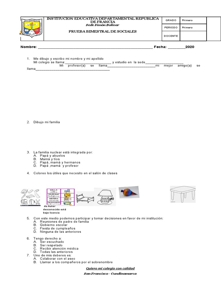 Evaluacion de Sociales Grado Primero | PDF | Maestros | Evaluación