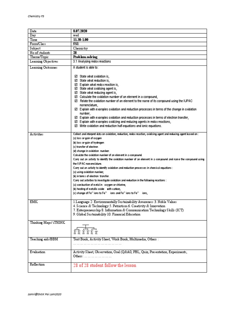 RPH Chem f5 22.07.2020 5S1 | PDF | Redox | Chemical Reactions