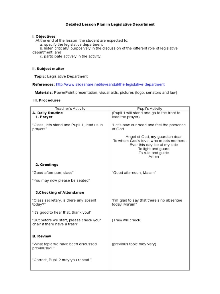 Detailed Lesson Plan Final | PDF | Senate | United States Congress
