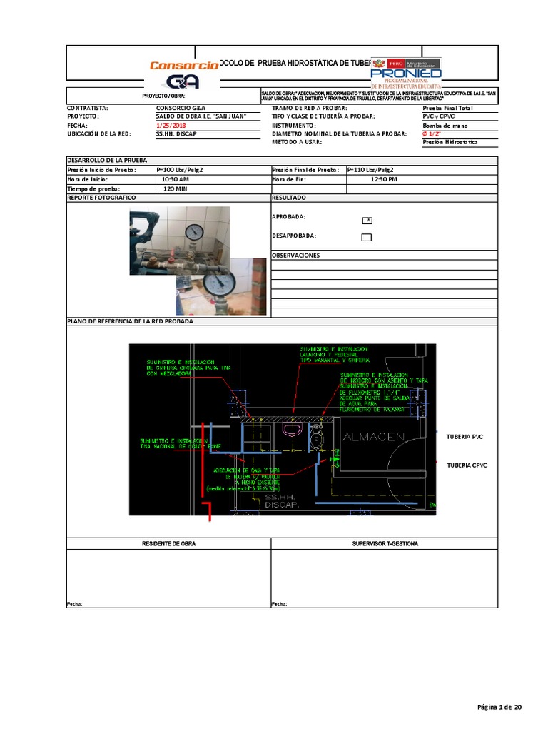 Protocolo Pruebas Iiss Agua y Desague - San Juan | PDF | Tubería (transporte de fluidos) | Equipo