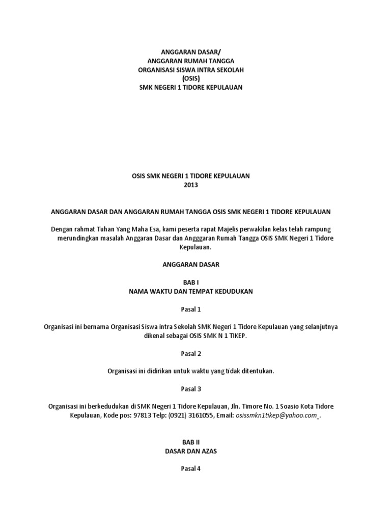 AD/ART OSIS SMK Negeri 1 Tidore | PDF