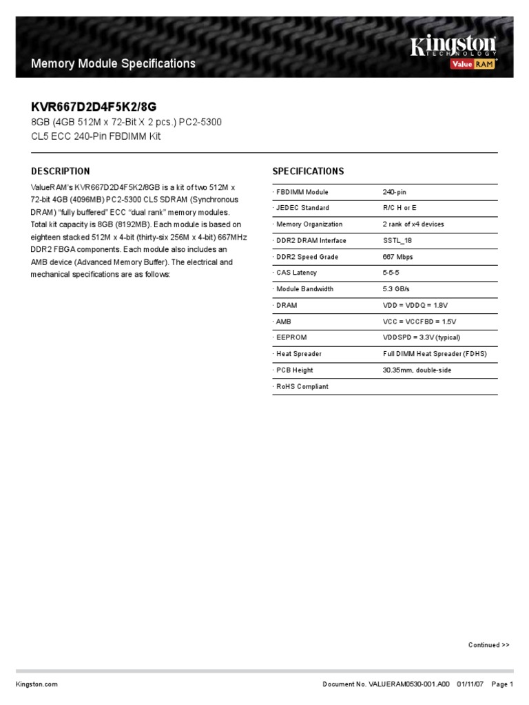 KVR667D2D4F5K2/8G: Memory Module Specifications | PDF | Electronics | Electronic Engineering