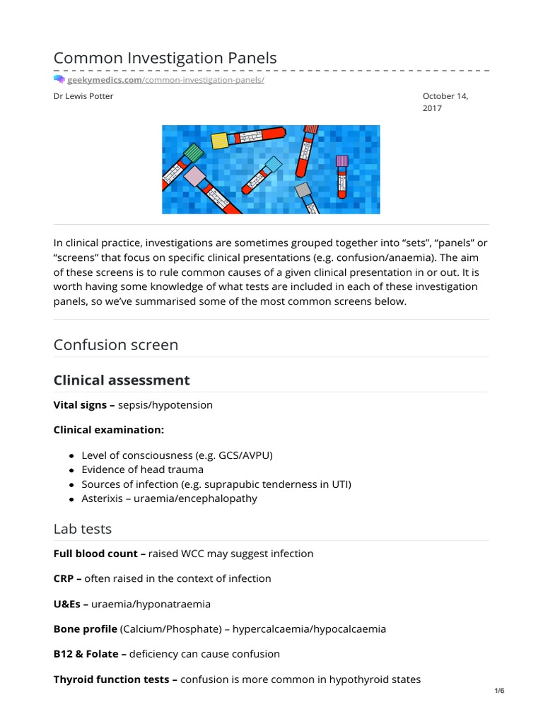Common Investigation Panels Overview | PDF | Multiple Myeloma | Anemia