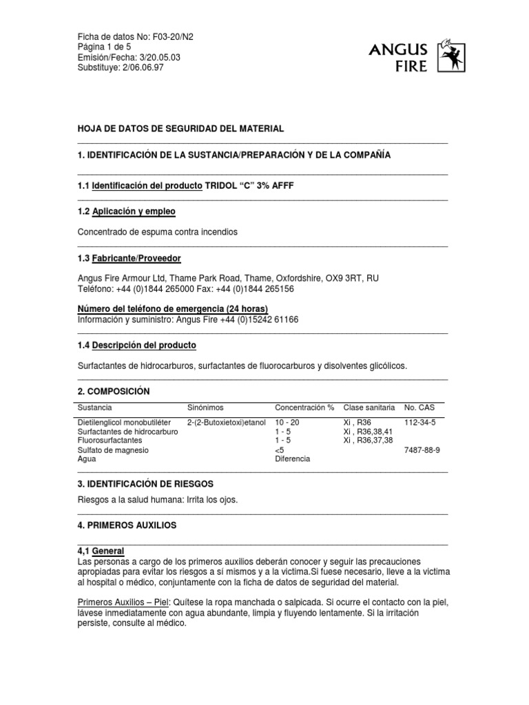 MSDS Tridol C 3% Español PDF | PDF | Primeros auxilios | Agua