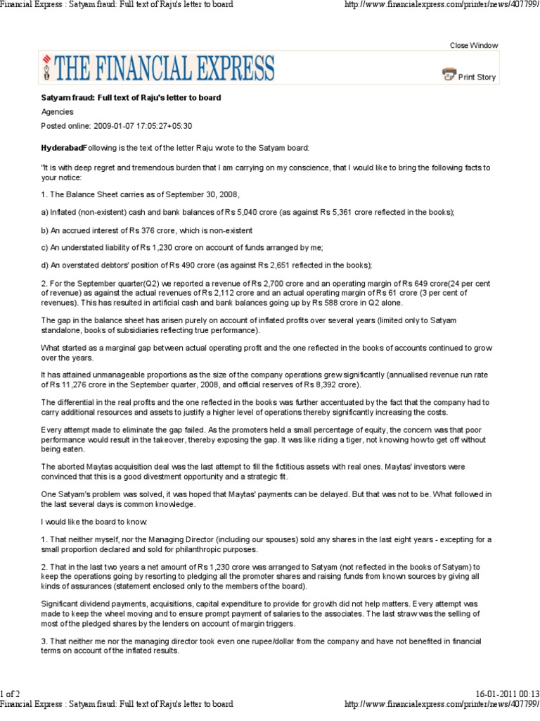 Satyam Fraud Full Text of Raju's Letter | PDF | Companies | Economies