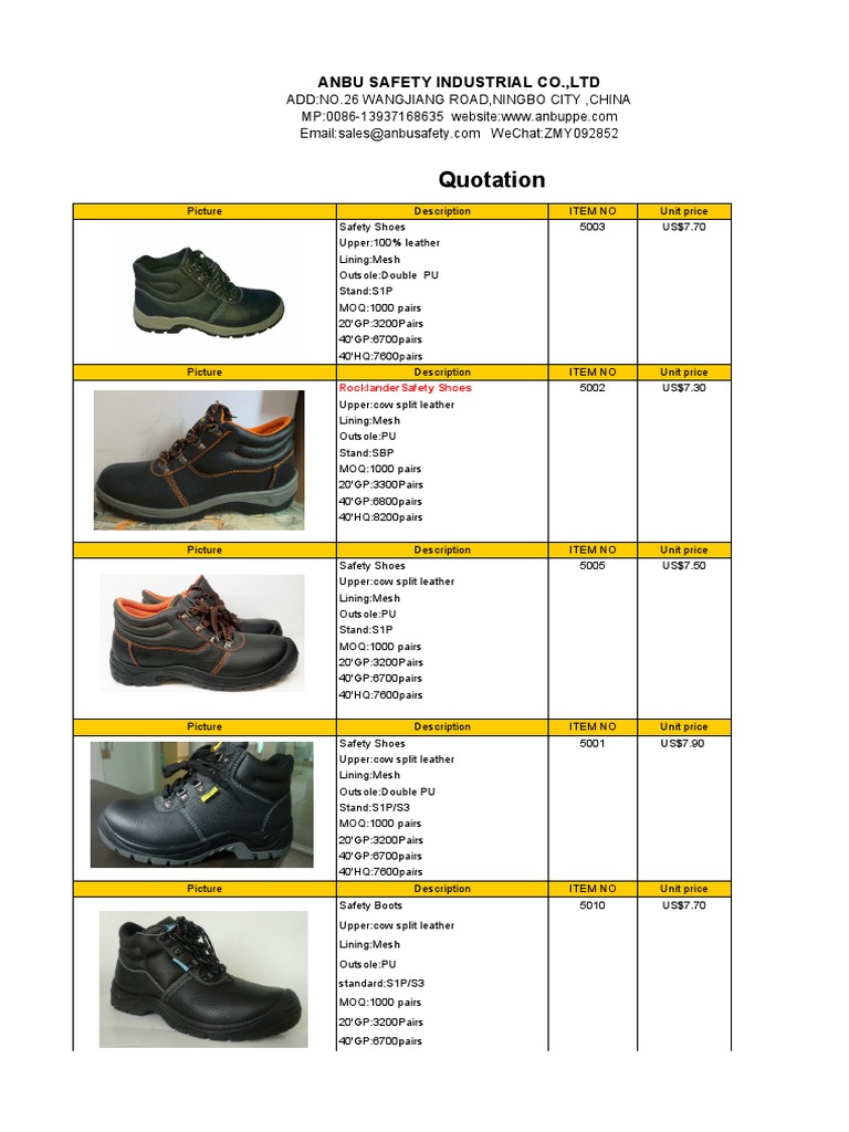 Safety Shoes Quotation | PDF | Shoe | Footwear