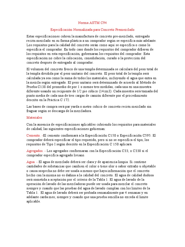 Norma ASTM C94 | PDF | Hormigón | Cemento