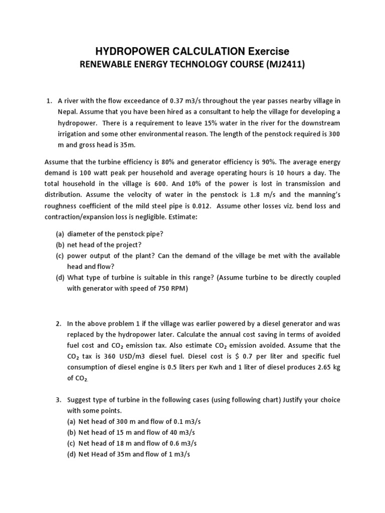 Hydropower Calculation Exercise | PDF | Home & Garden | Science ...