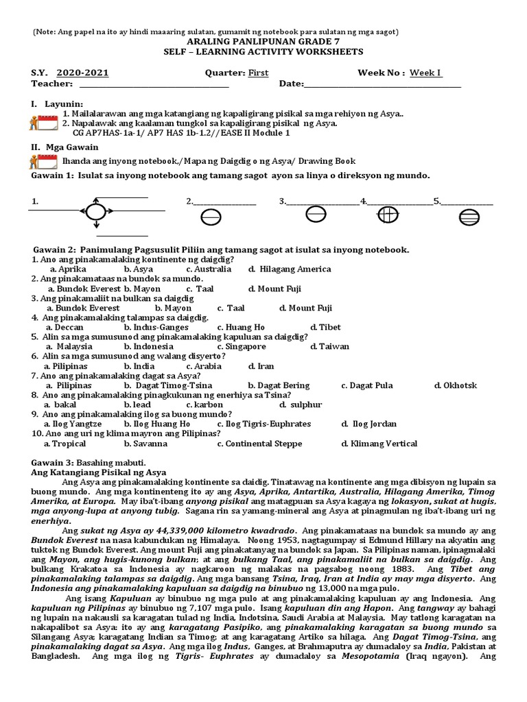 Araling Panlipunan G7 Learning Activity Worksheets | PDF