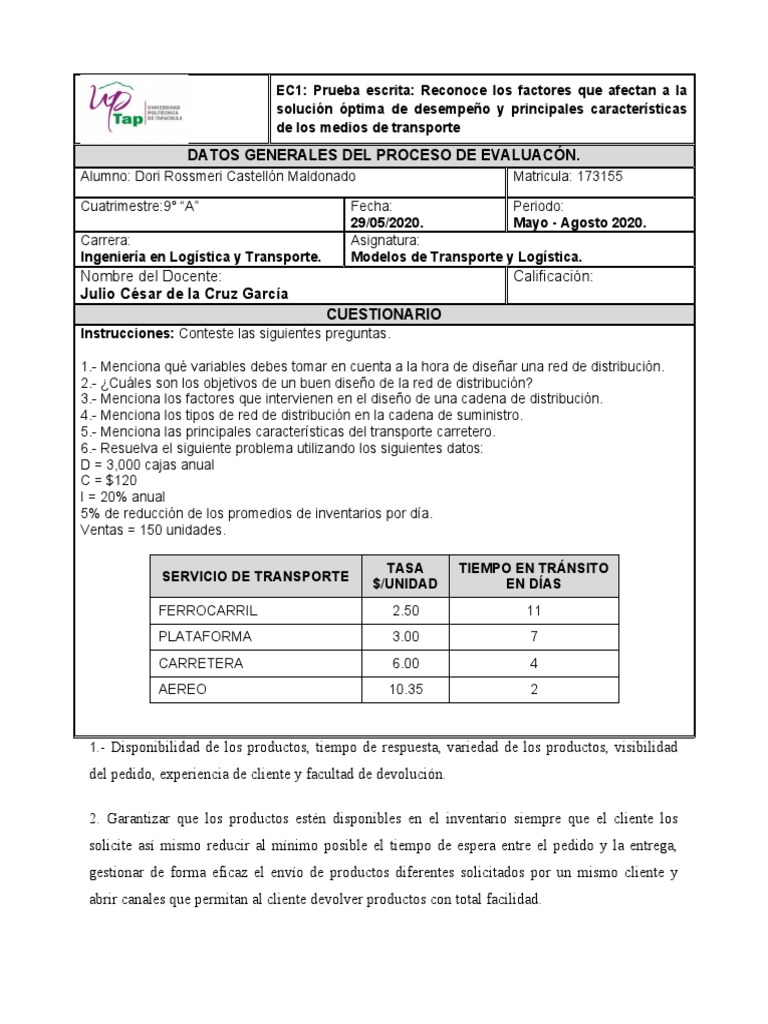 U1-Ec1-Prueba Escrita | PDF | Transporte | Logística