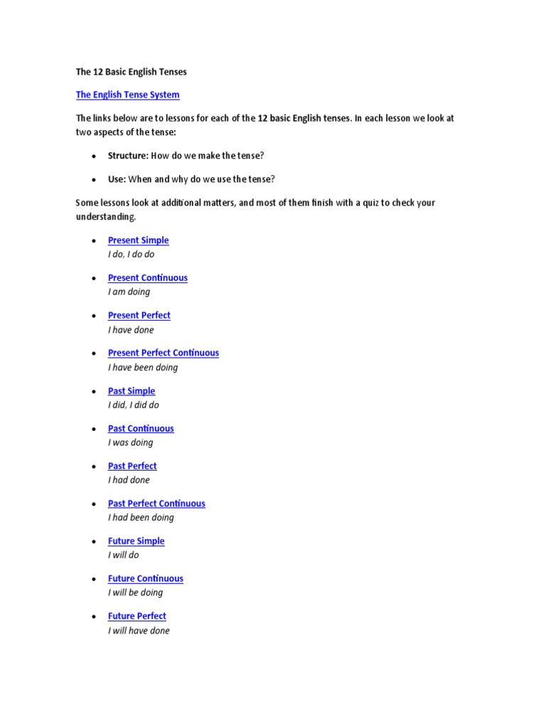 The 12 Basic English Tenses | PDF | Perfect (Grammar) | Verb The 12 Basic English Tenses | PDF | Perfect (Grammar) | Verb