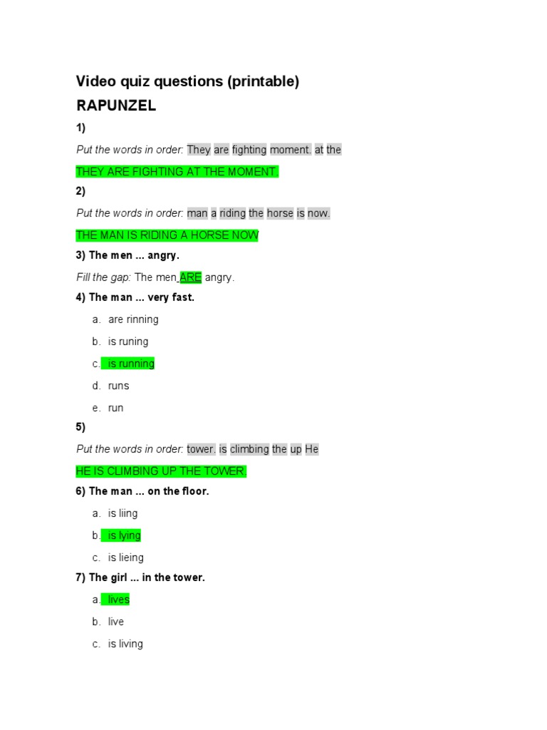 Video Quiz Questions (Printable) Rapunzel: Put The Words in Order: They ...