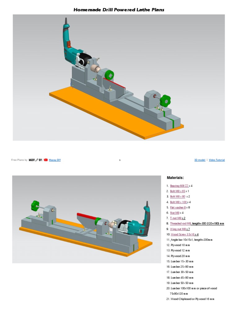 Homemade Drill Powered Lathe Plans: Mazay DIY 3D Model Video Tutorial ...