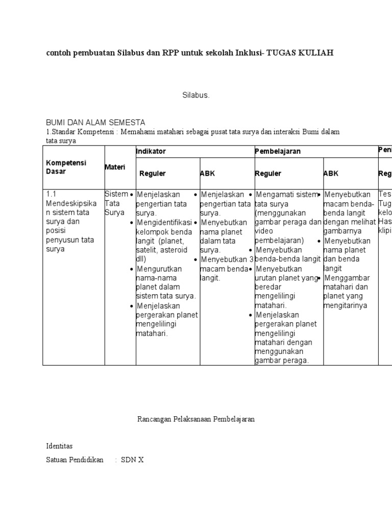 Contoh Pembuatan Silabus Dan RPP Untuk Sekolah Inklusi | PDF