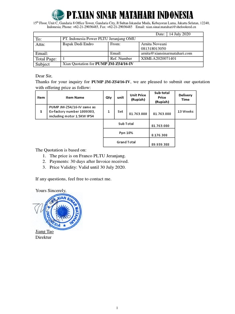 Quotation For PUMP JMZ5416IV | Download Free PDF | Business