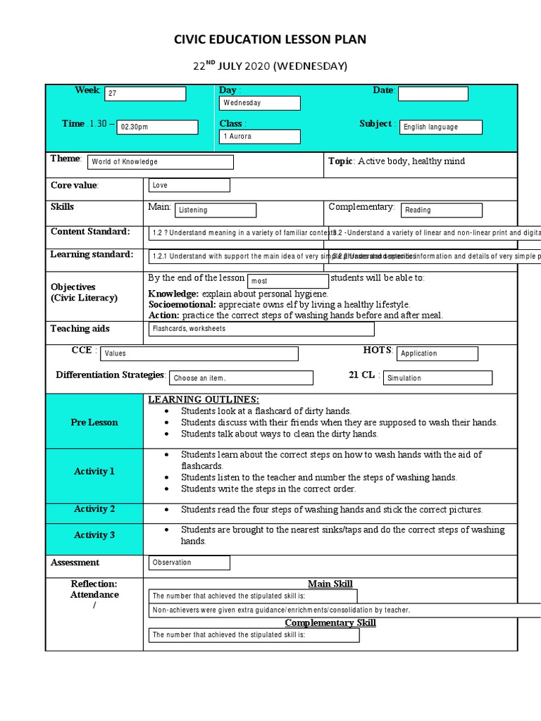 Civic Education Lesson Plan: 22 July 2020 (Wednesday) | PDF | Lesson ...