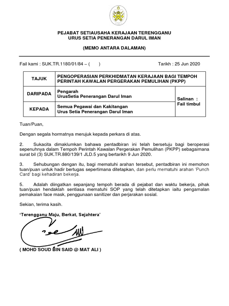 Memo Kehadiran Ke Pejabat Untuk 1 July 2020 | PDF