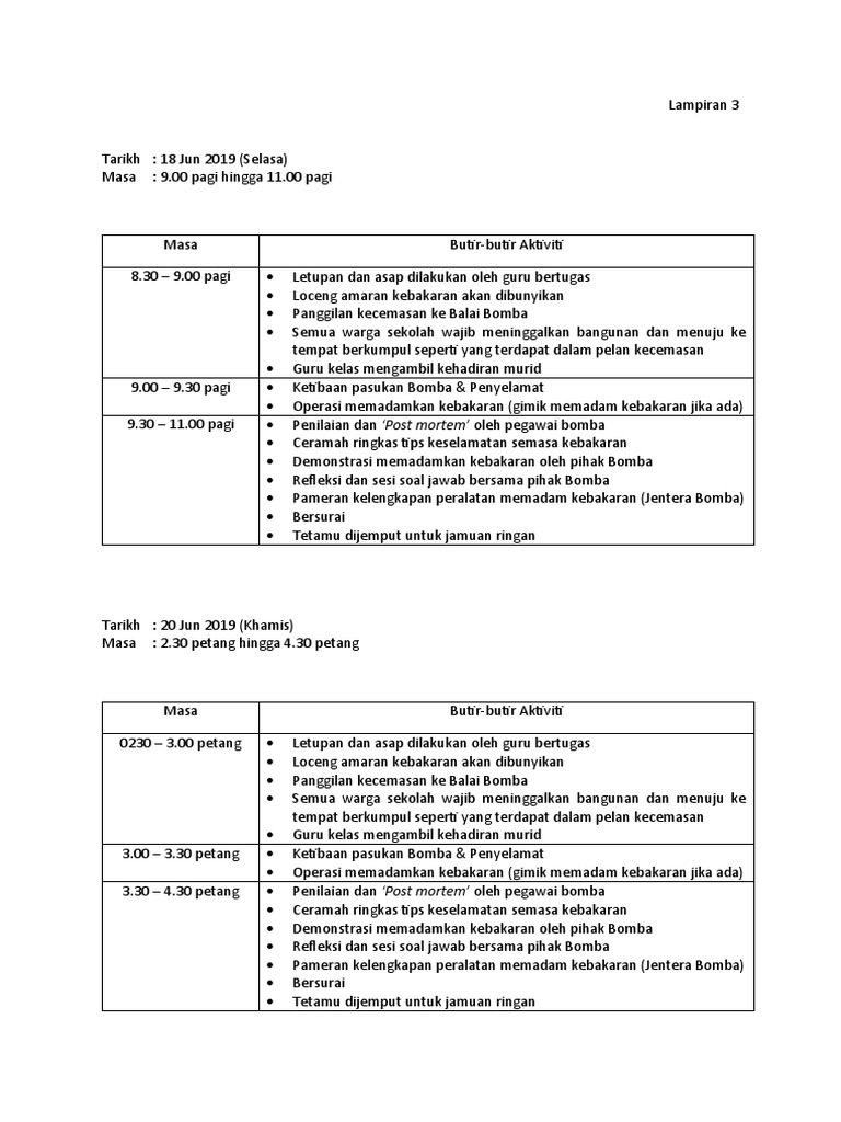 Jadual Pelaksanaan Fire Drill | PDF