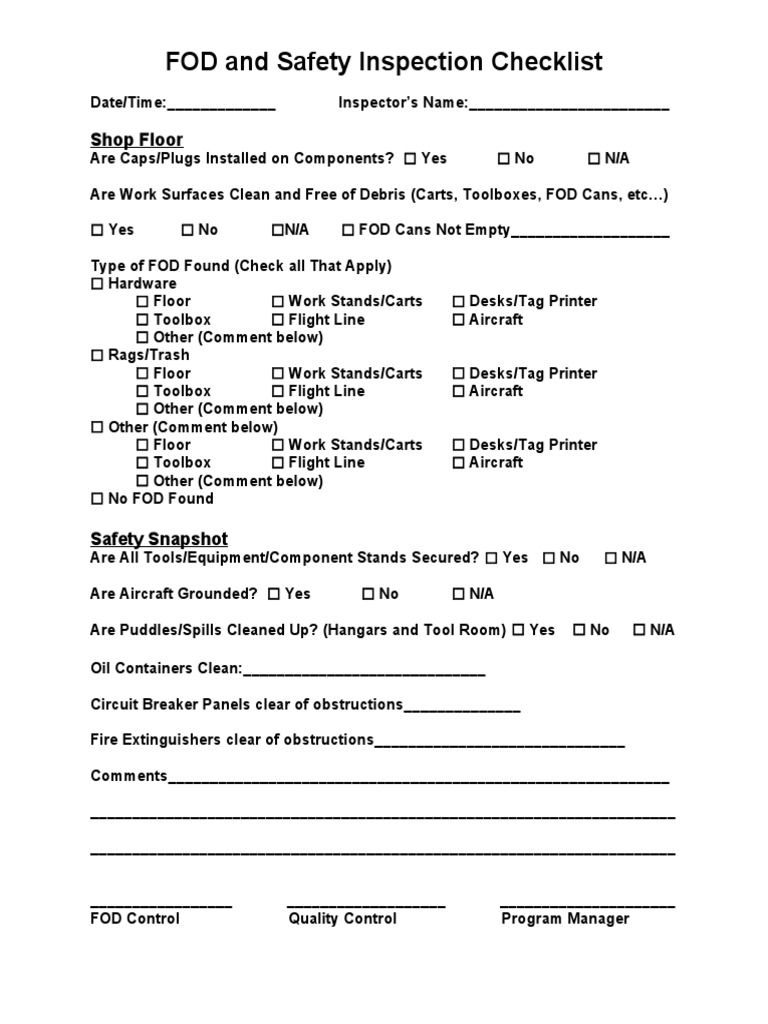 FOD and Safety Inspection Checklist: Shop Floor | PDF