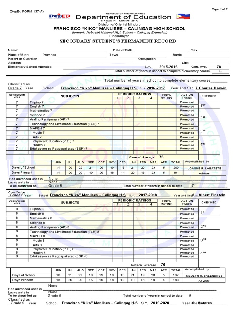 Form 137 Blank | Download Free PDF | Learning | Behavior Modification