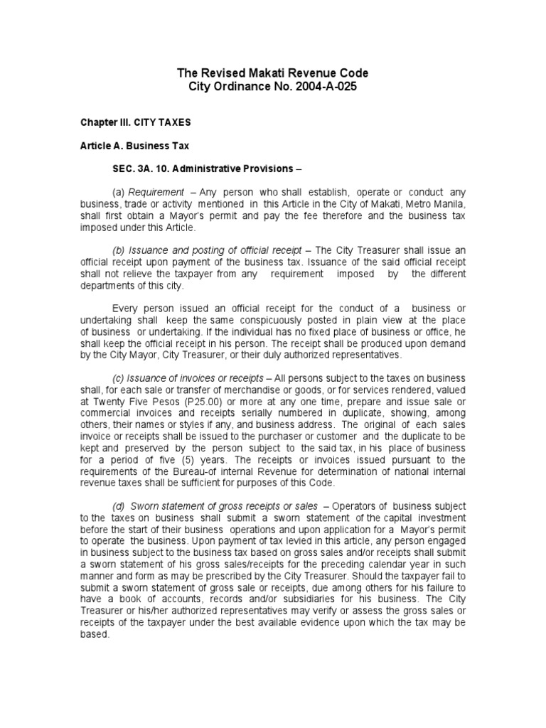 The Revised Makati Revenue Code City Ordinance No. 2004-A-025 ...