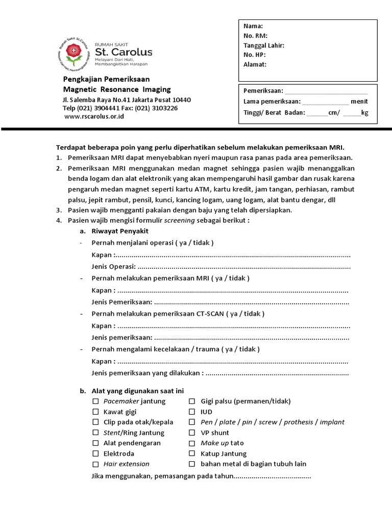 Checklist Persiapan Pemeriksaan MRI | PDF