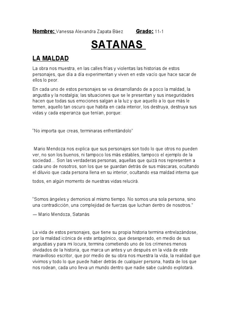 La maldad en "Satanás" de Mario Mendoza | PDF | Ciencias sociales ...