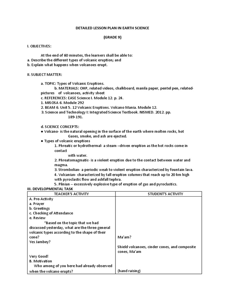 Detailed Lesson Plan in Earth Scienc1 | PDF | Types Of Volcanic ...