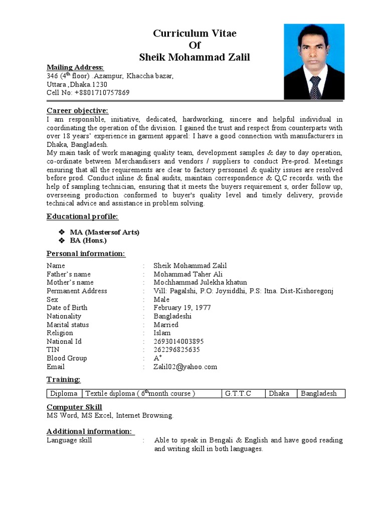 Curriculum Vitae of Sheik Mohammad Zalil: Career Objective | PDF ...