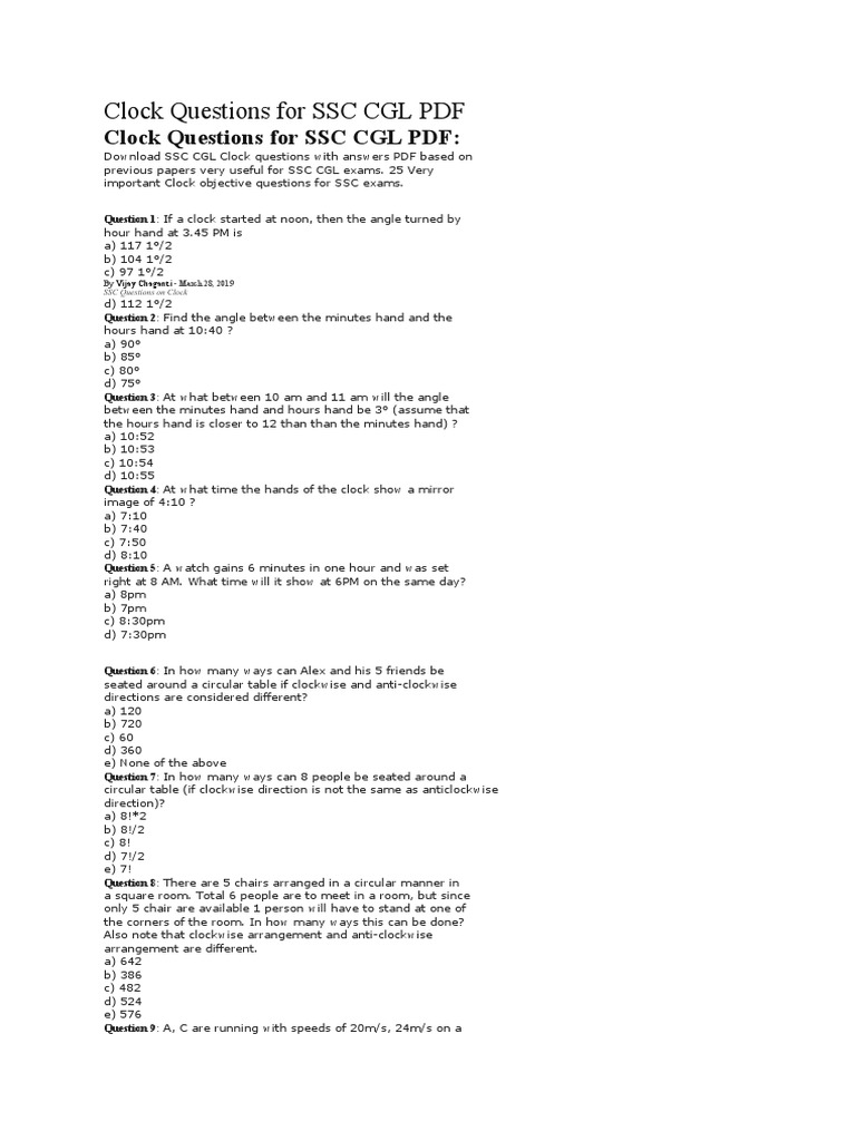 Clock Questions For SSC CGL PDF | PDF | Clock | Angle