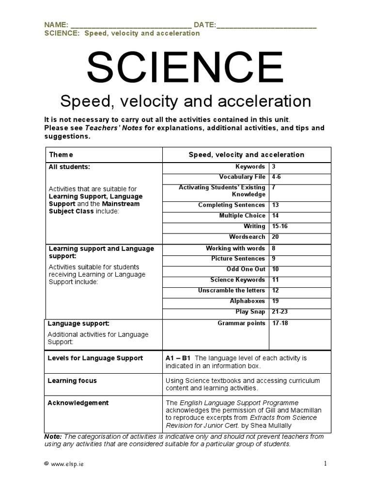 Science Topic - Speed, Velocity and Acceleration | PDF | Speed ...
