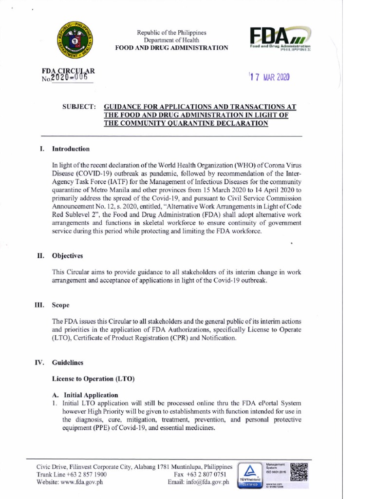 FDA Circular No. 2020-006 - Guidance For Applications and Transactions ...