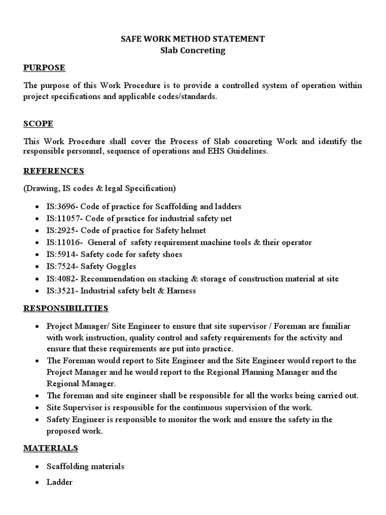 Safe Work Method Statement Slab Concreting Purpose | PDF | Safety ...