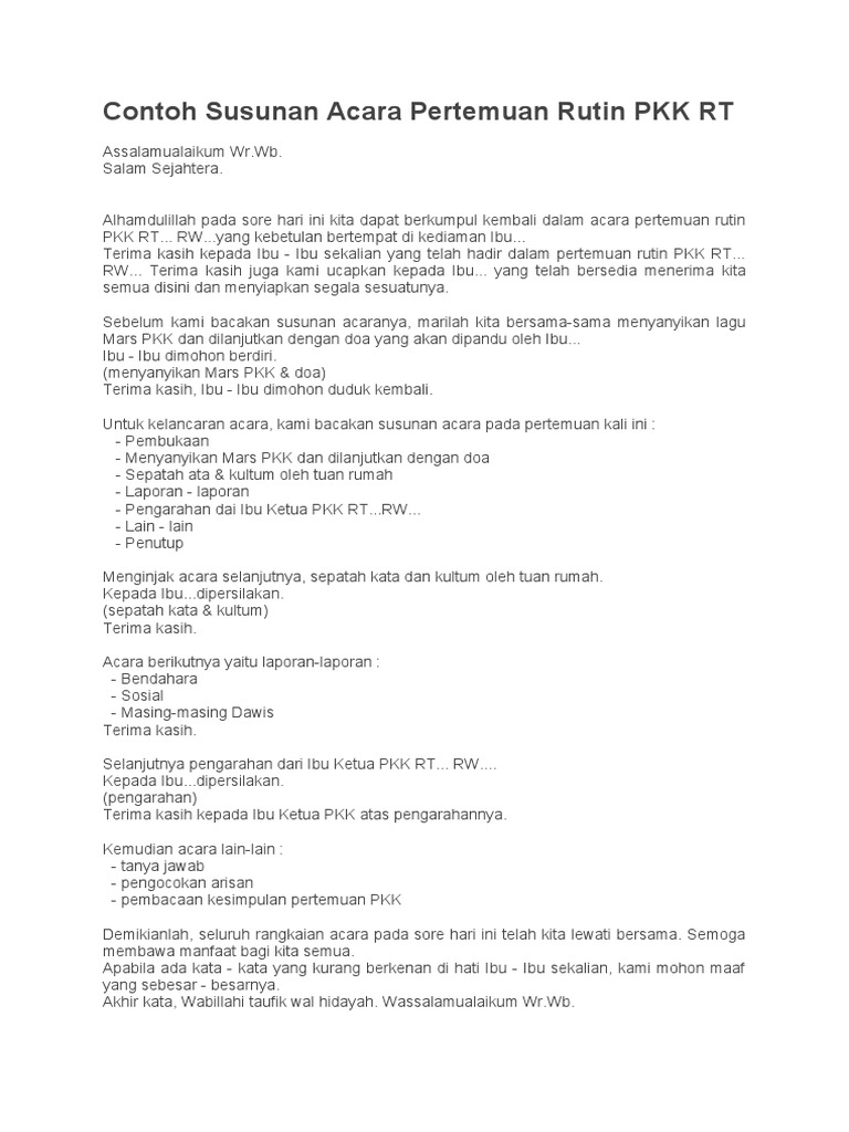 Contoh Susunan Acara Pertemuan Rutin PKK RT | PDF