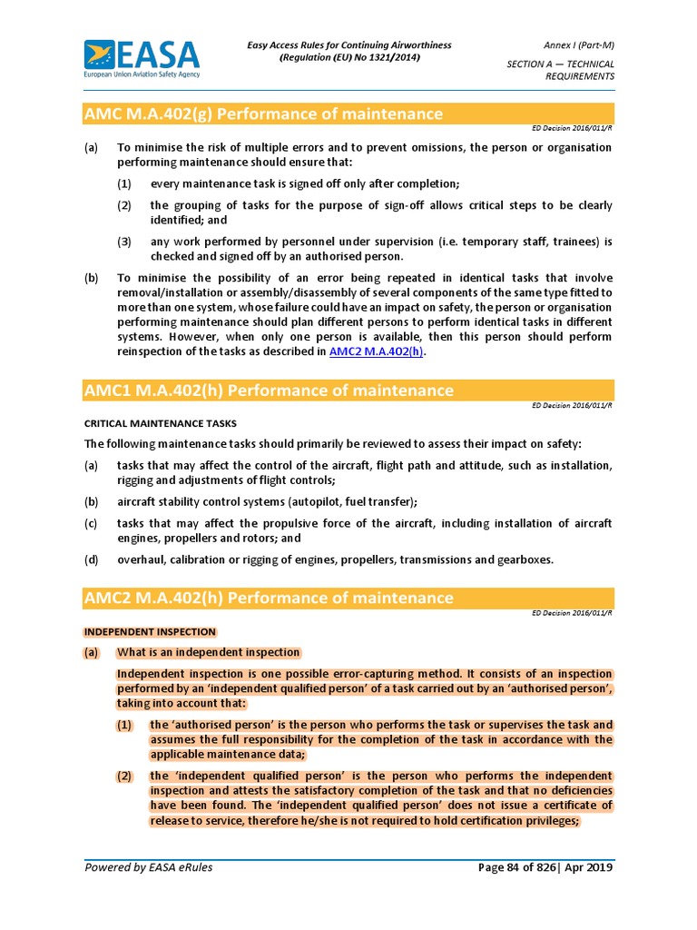 EASA Part-M Annex I M.A.402 Performance of maintenance | PDF | Business