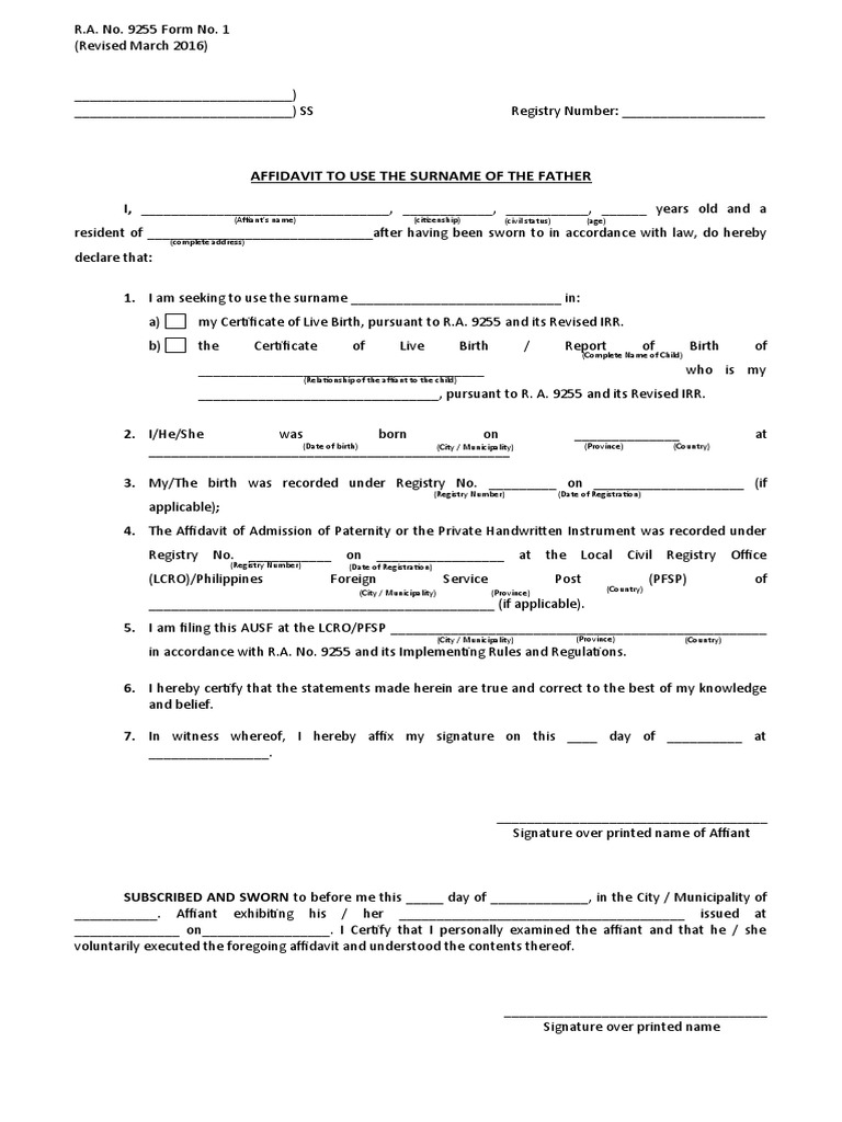 Affidavit To Use The Surname of The Father | PDF | Affidavit | Document