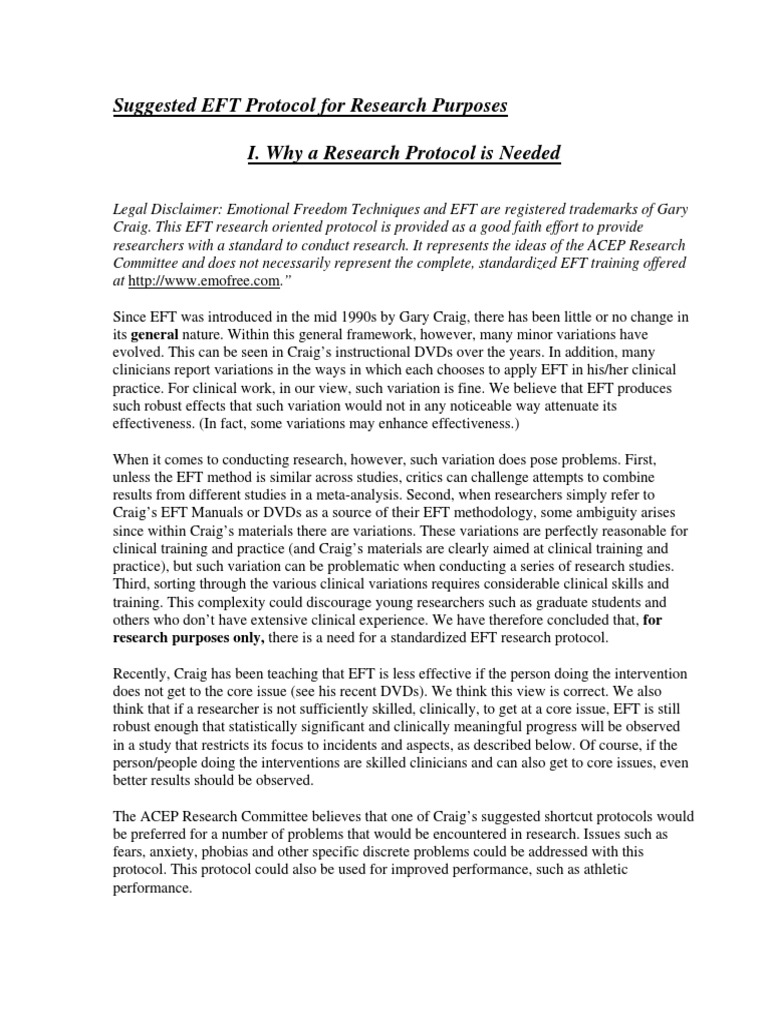 Suggested EFT Protocol For Research Purposes I. Why A Research Protocol Is Needed | PDF | Phobia ...