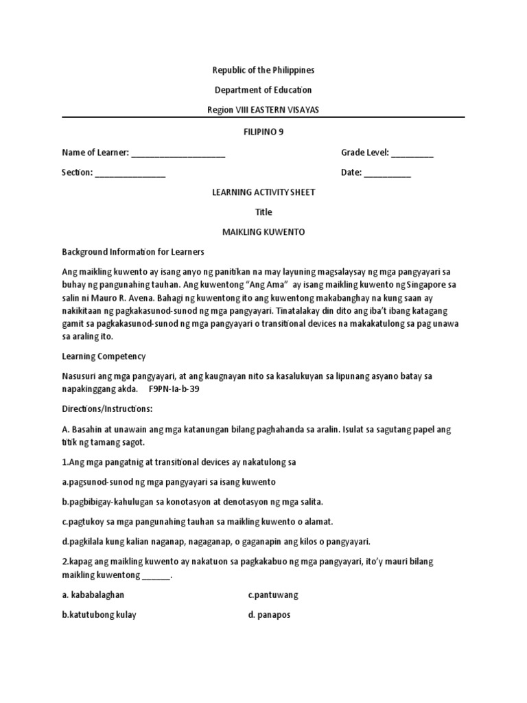 Activity Sheet Filipino 9 | PDF