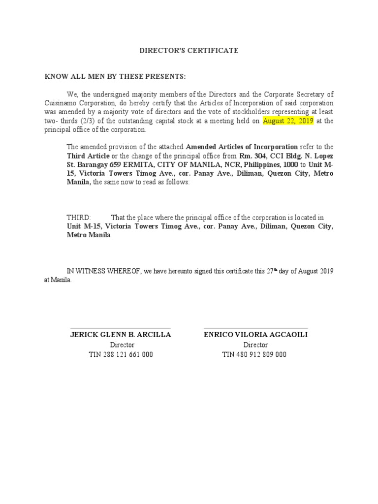 Cuisinamo-Corporation-Directors-Certificate Only Edited | PDF