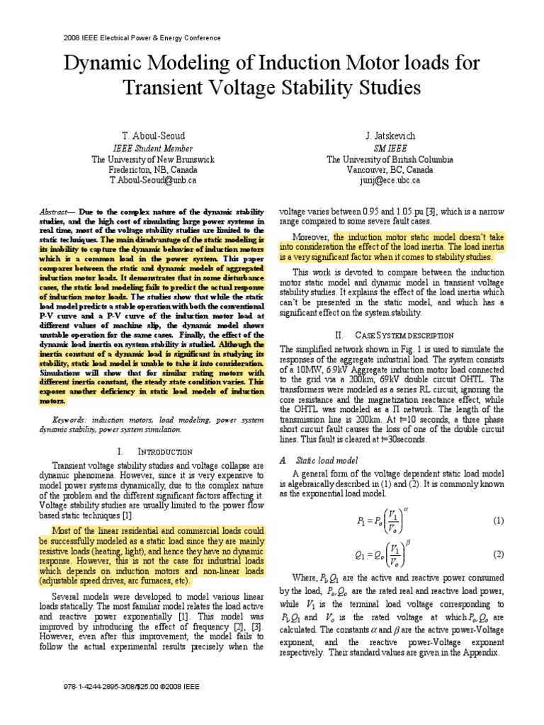 Dynamic Modeling of Induction Motor Loads For Transient Voltage Stability Studies | PDF ...