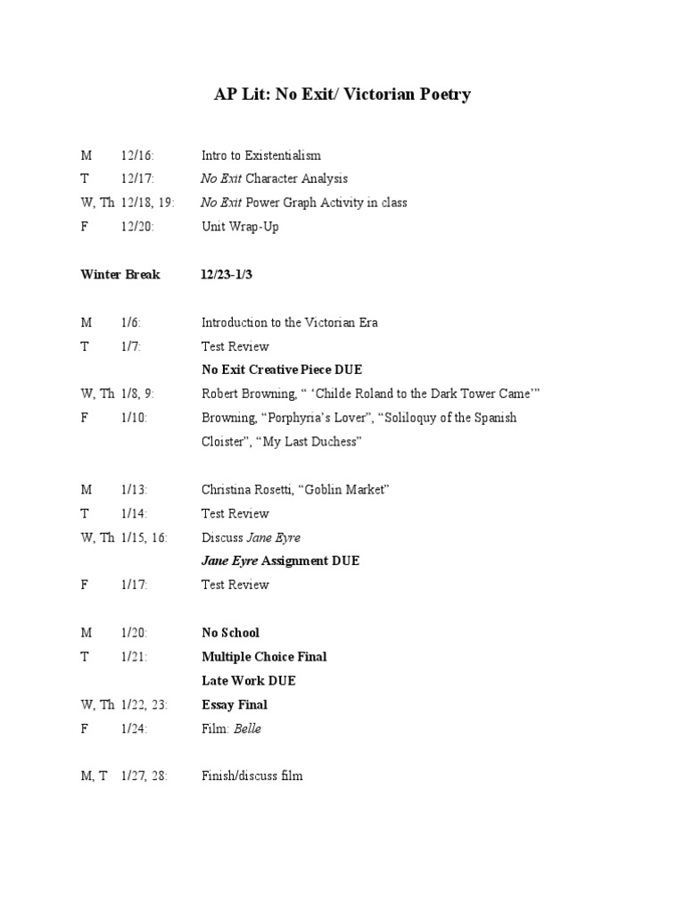 AP Lit: No Exit/ Victorian Poetry: No Exit Character Analysis No Exit ...