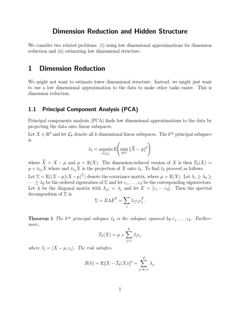 Dimension Reduction and Hidden Structure: 1.1 Principal Component Analysis (PCA) | PDF ...