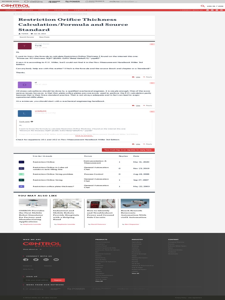 Restriction Orifice Thickness Calculation - Formula and Source Standard ...
