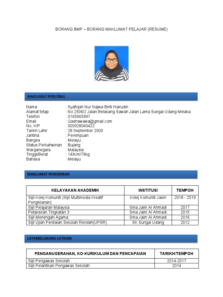 Borang BMP Resume Wawa | PDF