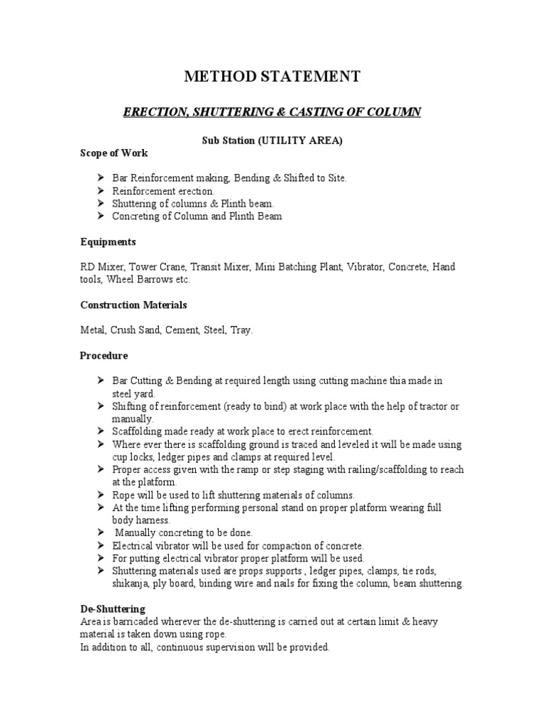 Method Statement: Erection, Shuttering & Casting of Column | PDF