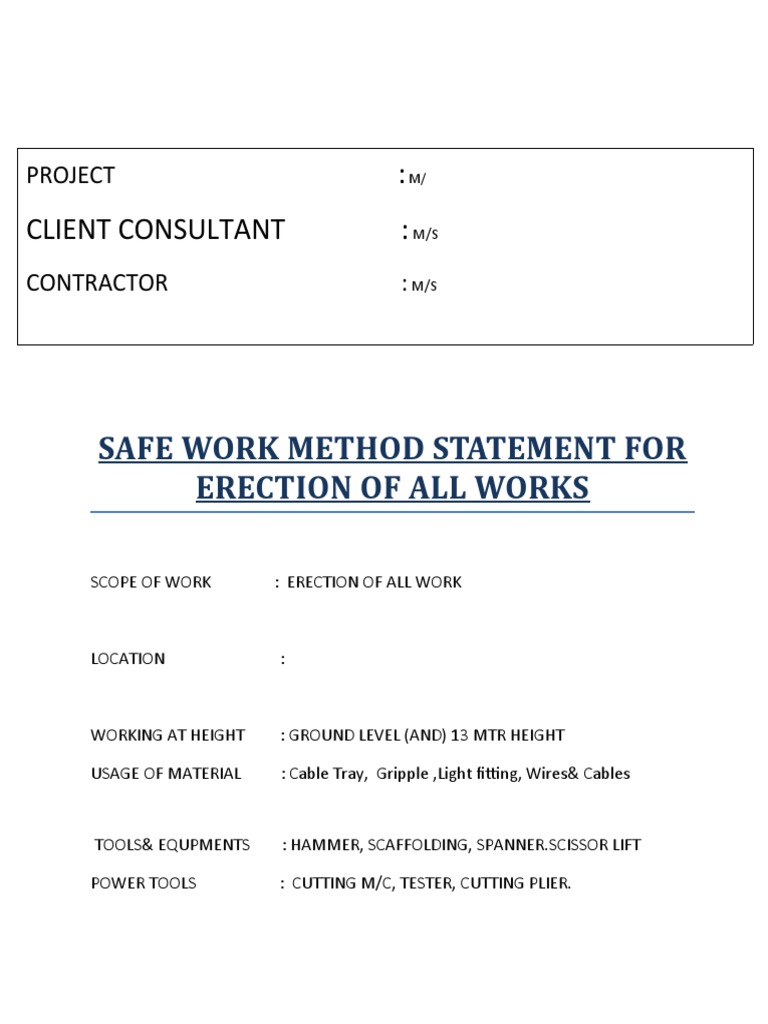 Safe Work Method Statement for Erection of All Works at [LOCATION] | PDF | Personal Protective ...