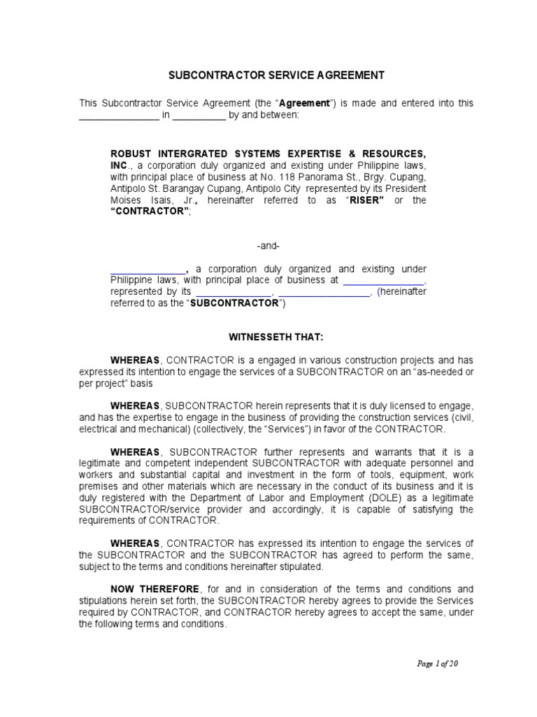 Subcontractor Agreement Template | PDF | Independent Contractor ...